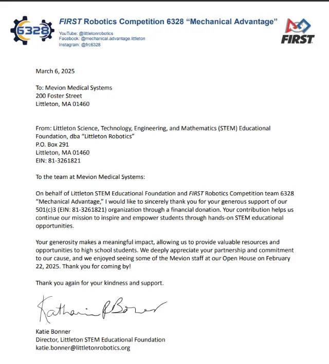 Littleton Robotics Letter – Mevion Medical Systems | Proton Therapy